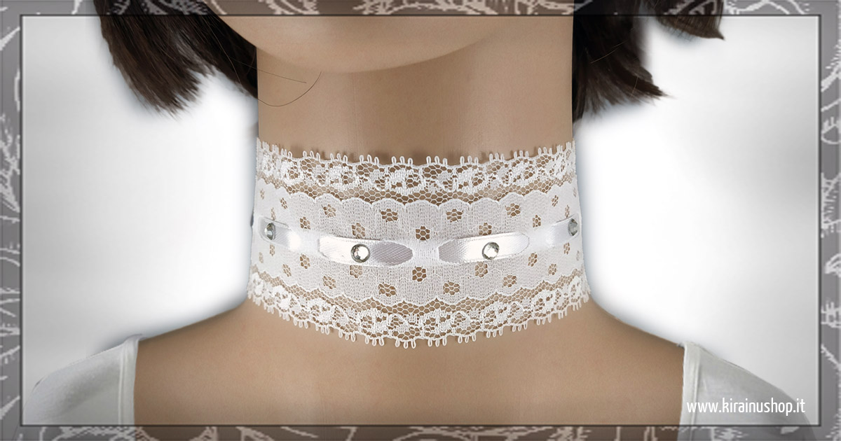 Collarino Strass da donna alto, bianco, in pizzo